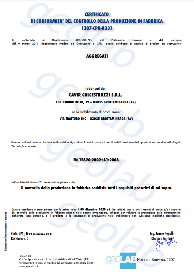 Certificati | Calcestruzzi - Recupero materiali e demolizioni